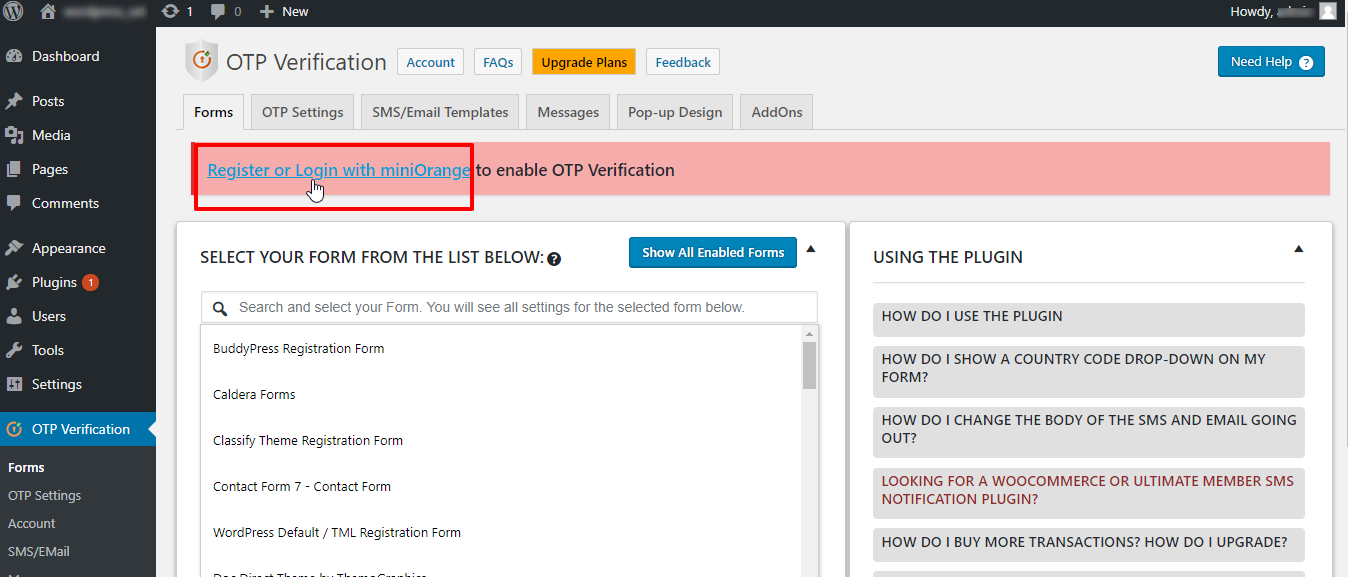 OTP verification for Wordpress